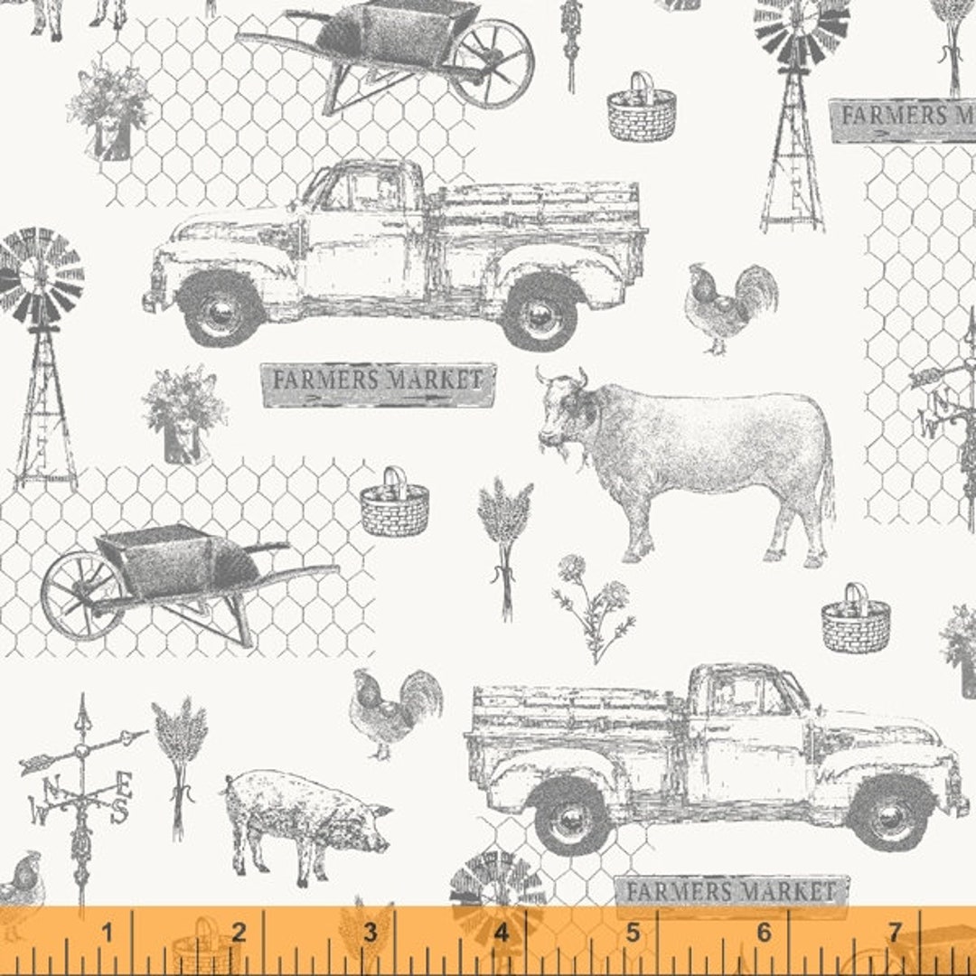 Farmer's Market Fabric, Farm Toile on White, by Windham Fabrics, Farm ...