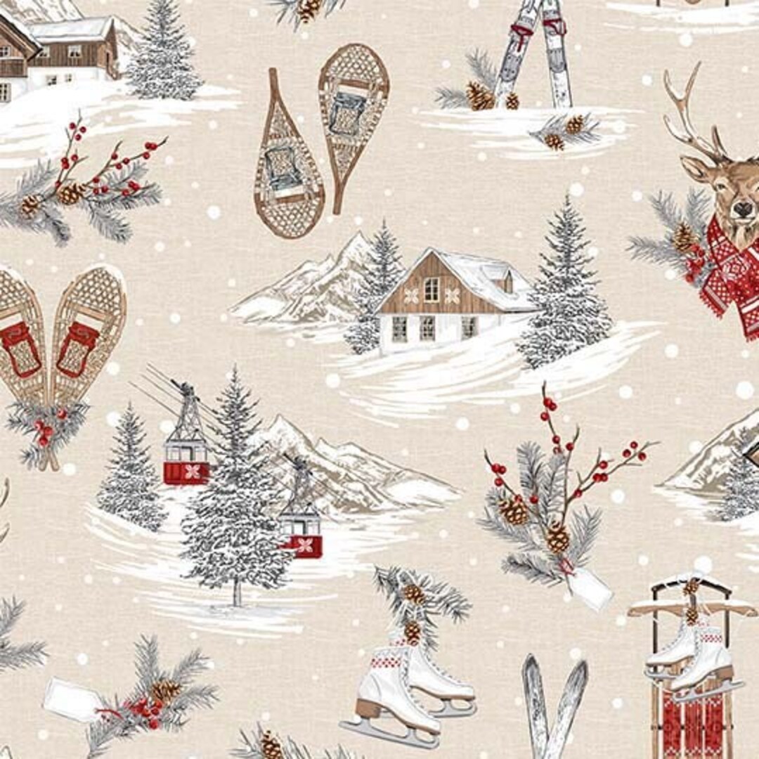 Winter Solstice Cozy Cabin Fabric by Michael Miller, Beige, Skiing ...