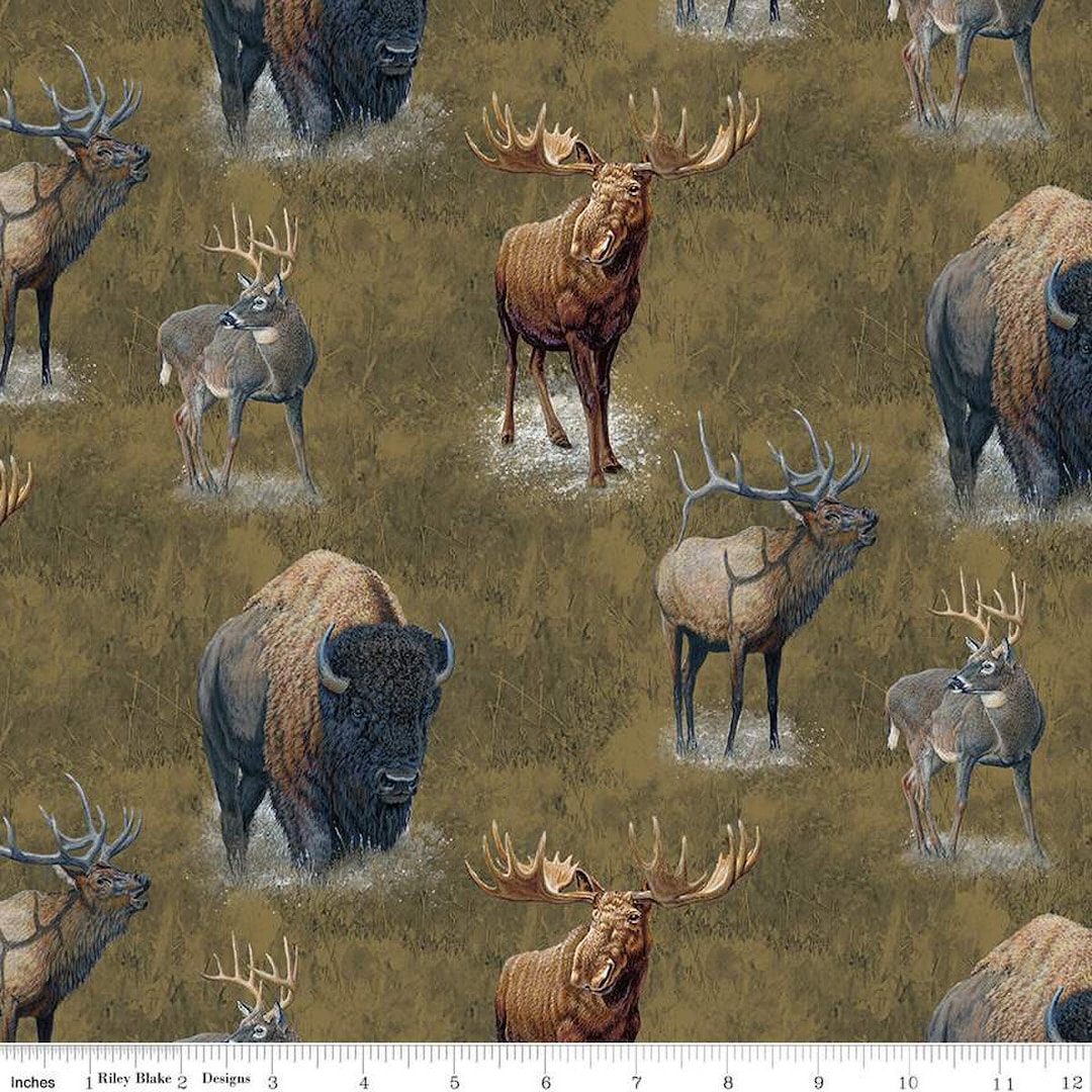 Big Game Main Curry Fabric by Riley Blake, Bison, Moose, Elk and Deer ...