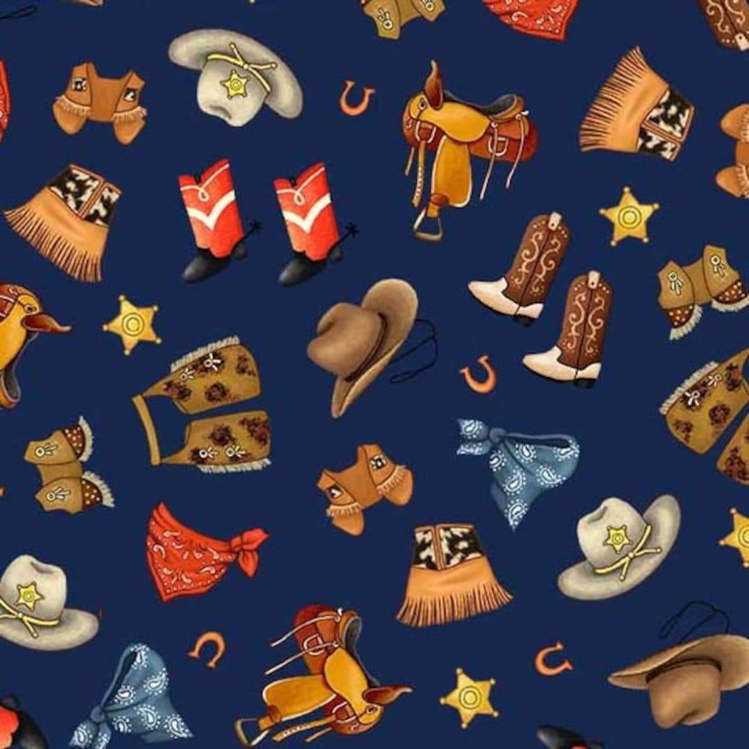 Rootin Tootin Fabric by Michael Miller, Saddle Up, Western Cowboy, Children, Retro Look, Navy ...