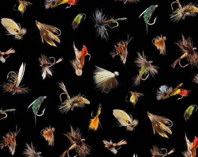 Tight Lines Fly Fishing Lures Fabric on Black, Elizabeth's Studio - Etsy