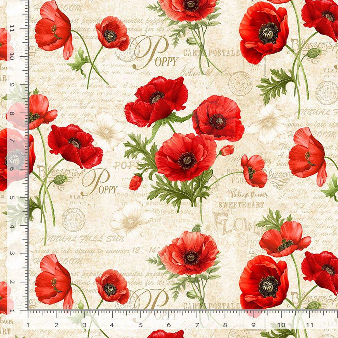 Poppy Passion Poppies Floral on Script Fabric by Timeless Treasures ...
