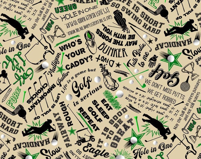 Tee Time Players & Text, Golf Fabric by Timeless Treasures, Golf Words ...