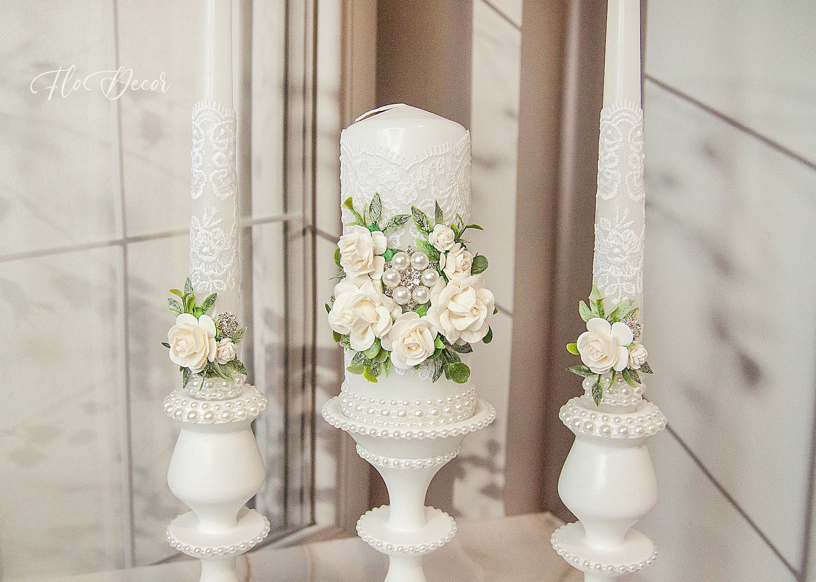 Wedding White Unity Candles Set and Holders Lace Wedding Candles ...