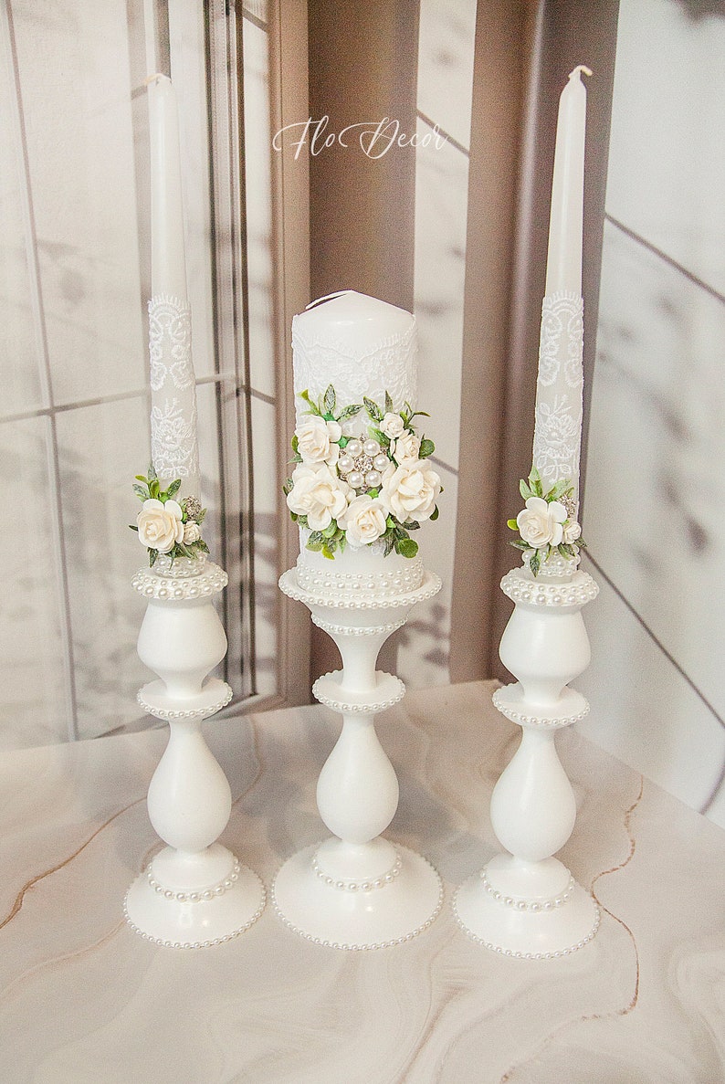 Wedding White Unity Candles Set and Holders Lace Wedding Candles ...
