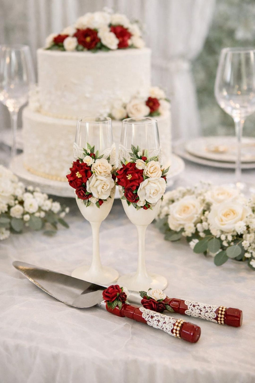 Burgundy and Ivory Wedding Flutes & Cake Cutting Set, Floral Champagne ...
