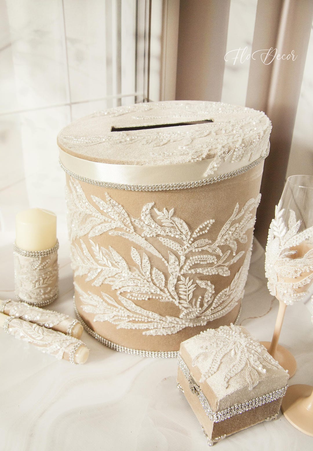 Beige Velvet Wedding Card Box, Elegant Lace & Sequins Decor, Wishing ...
