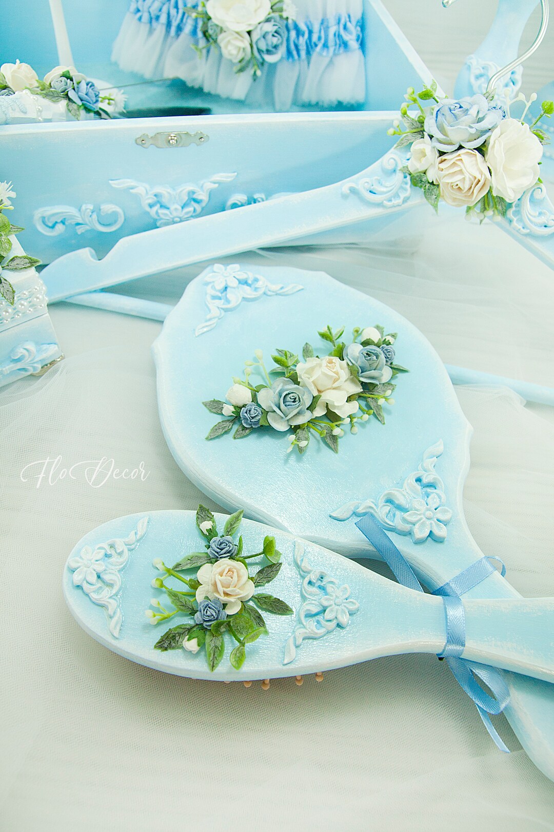 Personalized Dusty Blue Hand Mirror and Brush Gift for Bride for ...