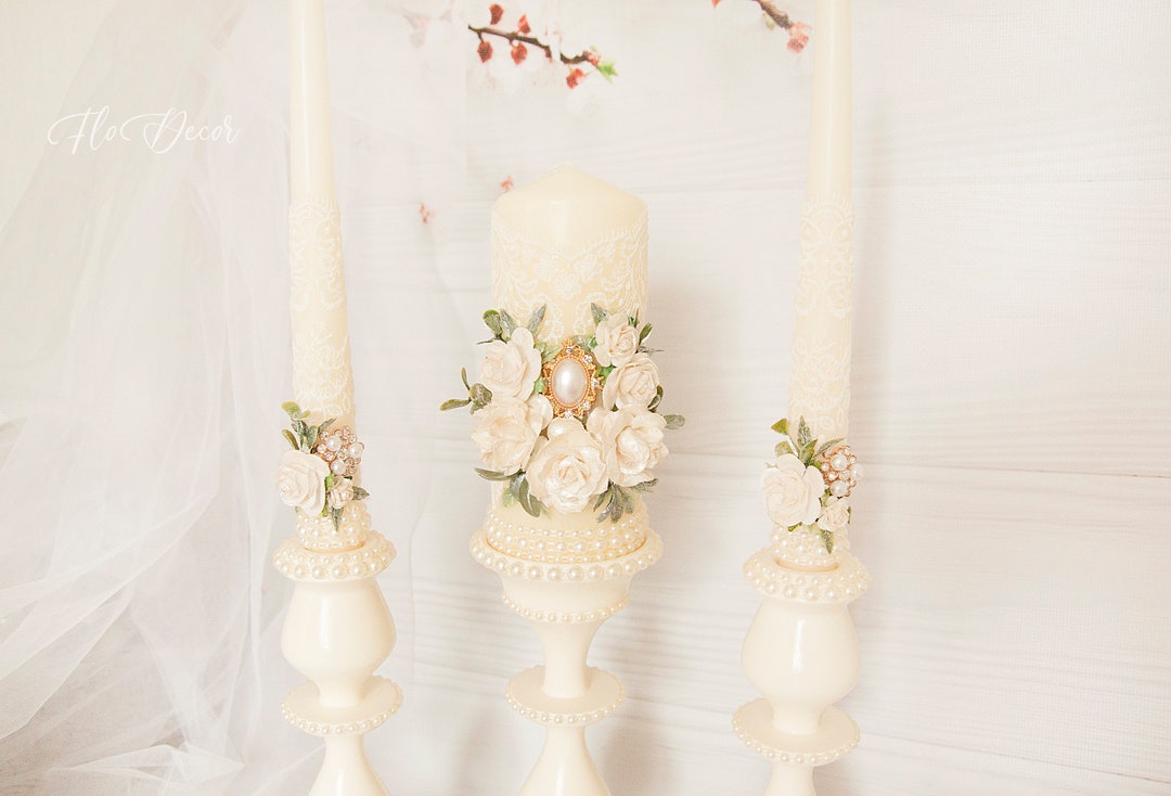 Wedding Ivory Unity Candles Set and Holders Lace Wedding Candles ...