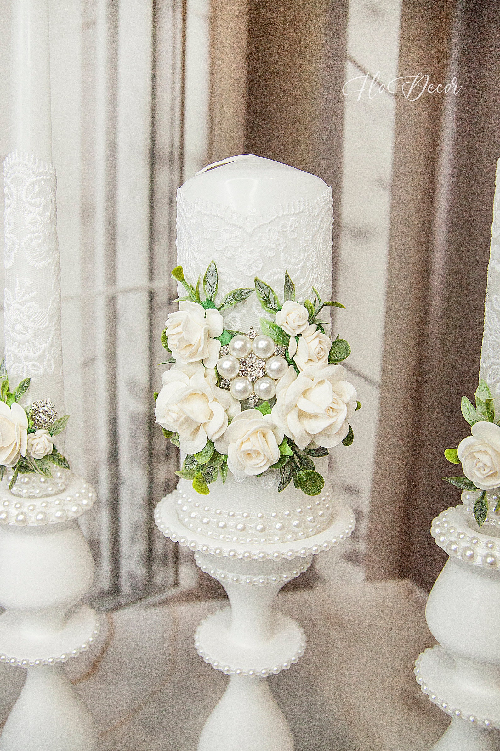 Wedding White Unity Candles Set and Holders Lace Wedding Candles ...