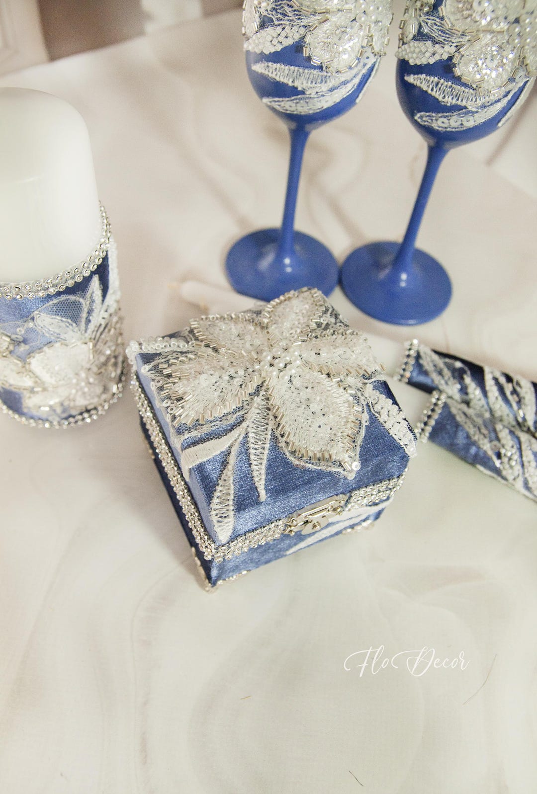 Navy Blue Wedding Ring Box Serenity Wedding Box Silver Lace Box for ...