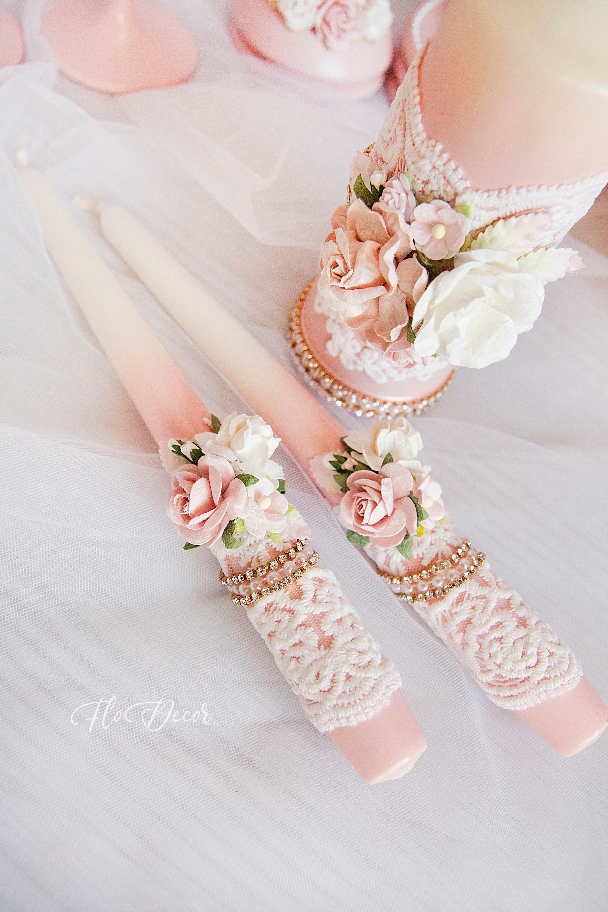 Wedding Blush Pink Lace Unity Candles Set and Holders, Floral Ceremony ...