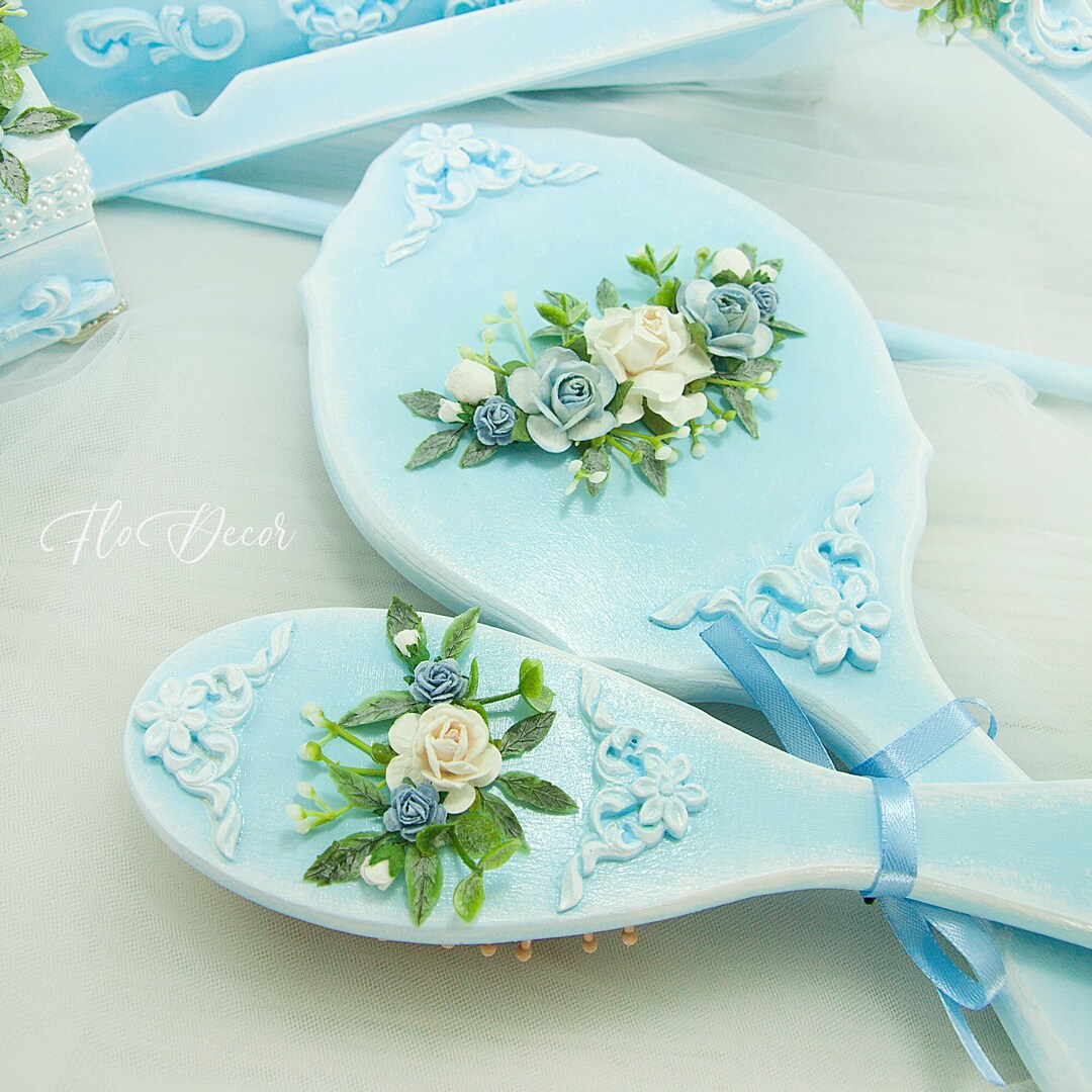 Personalized Dusty Blue Hand Mirror and Brush Gift for Bride for ...