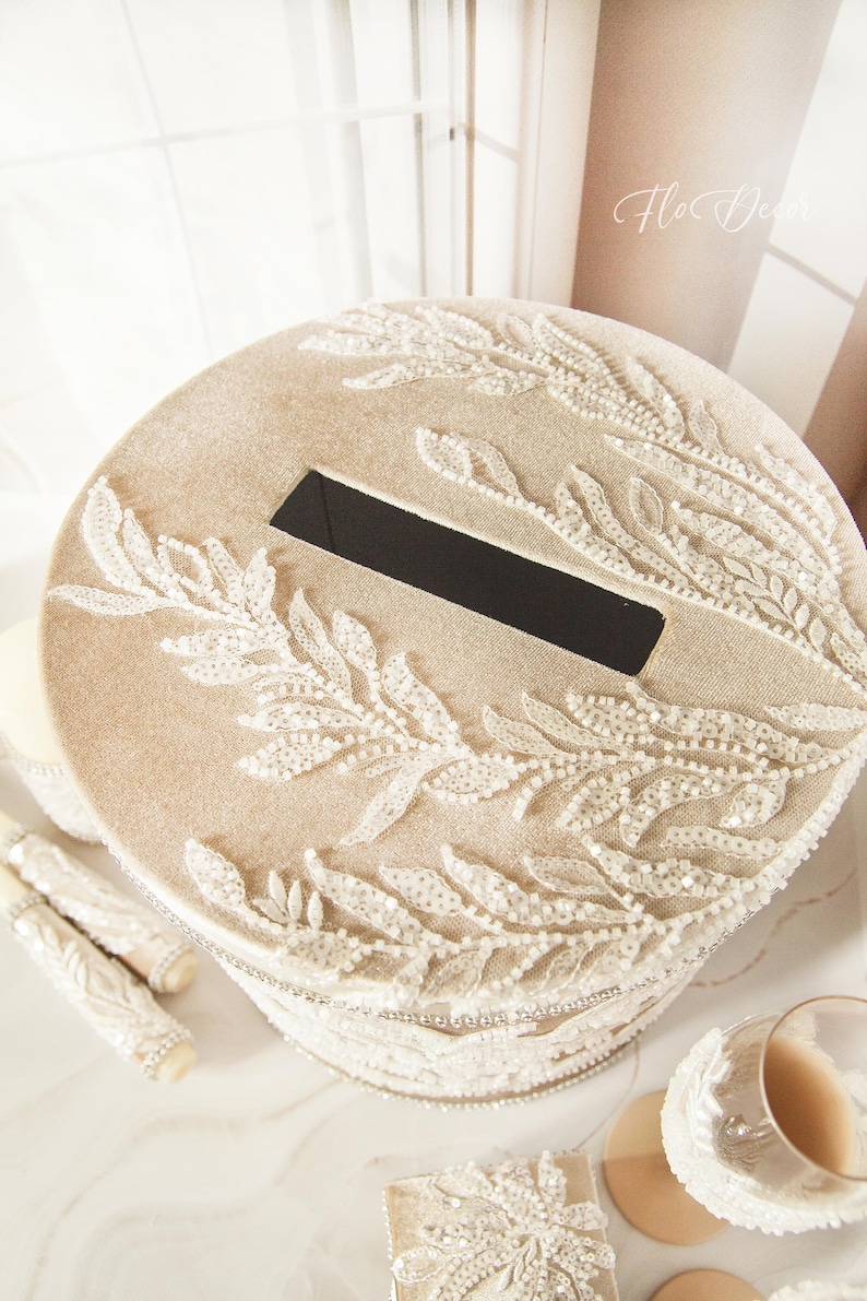 Beige Velvet Wedding Card Box, Elegant Lace & Sequins Decor, Wishing ...