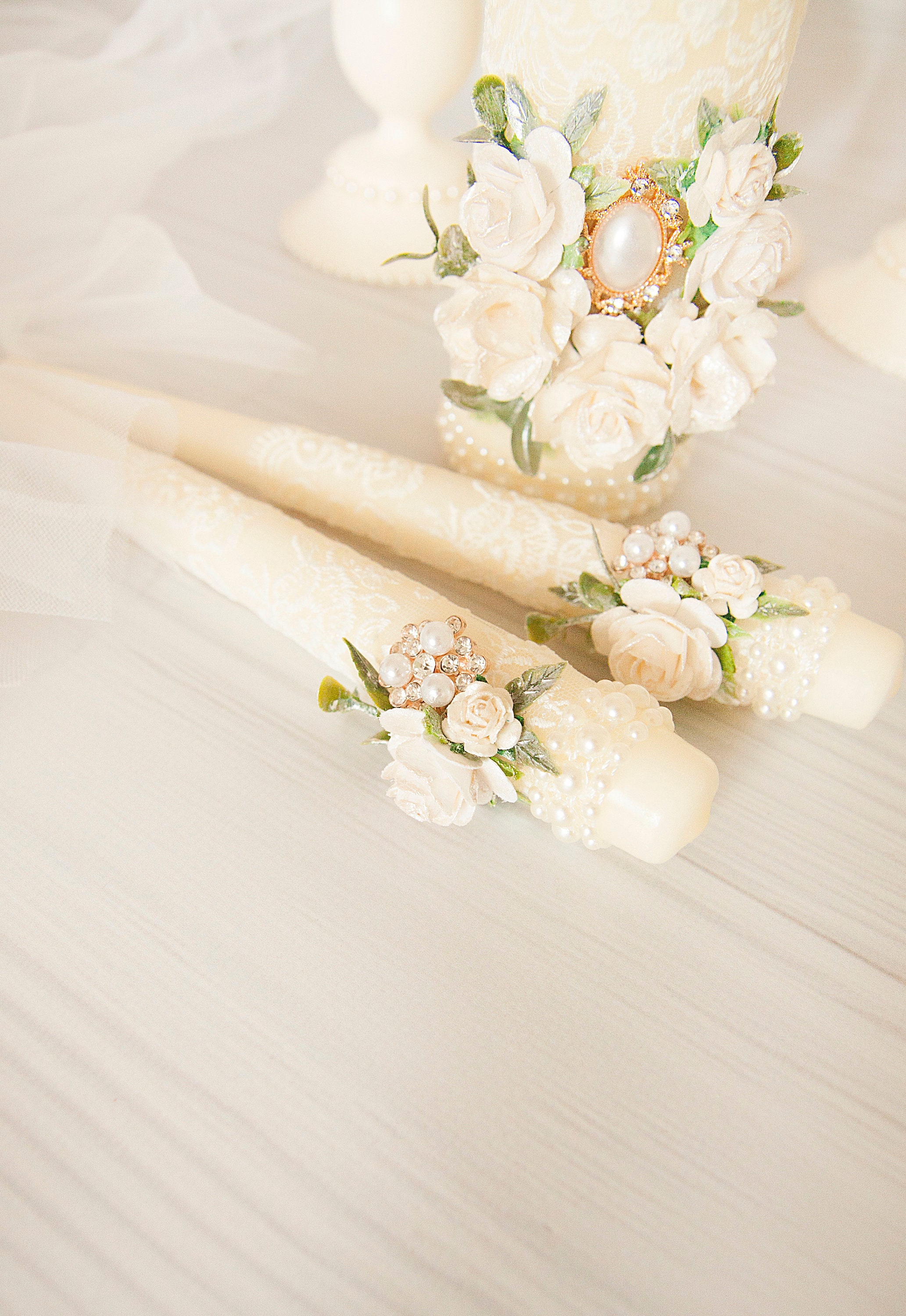 Wedding Ivory Unity Candles Set and Holders Lace Wedding Candles ...