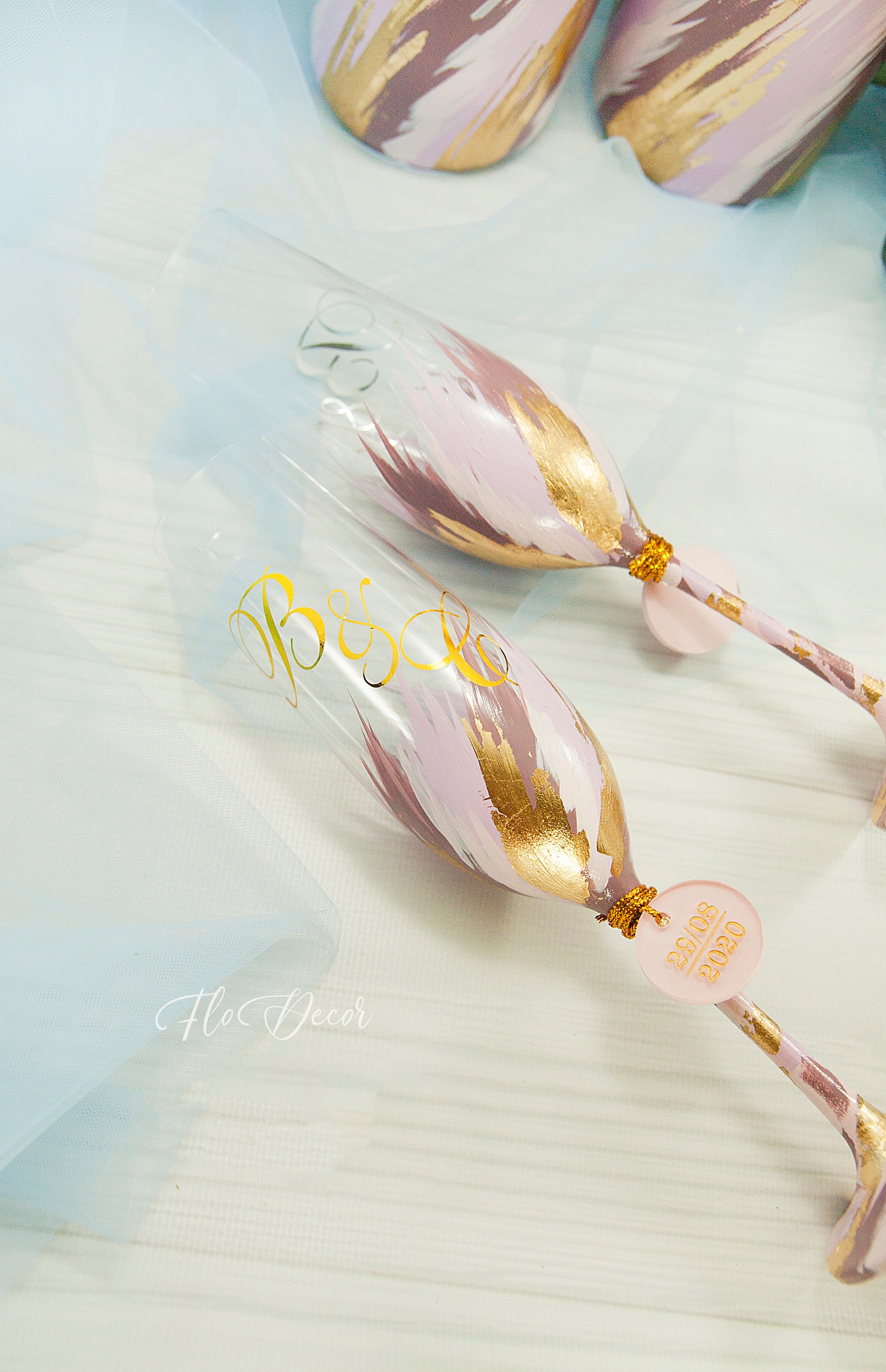 Personalized Wedding Flutes Blush Purple Champagne Glasses Rose Brown ...