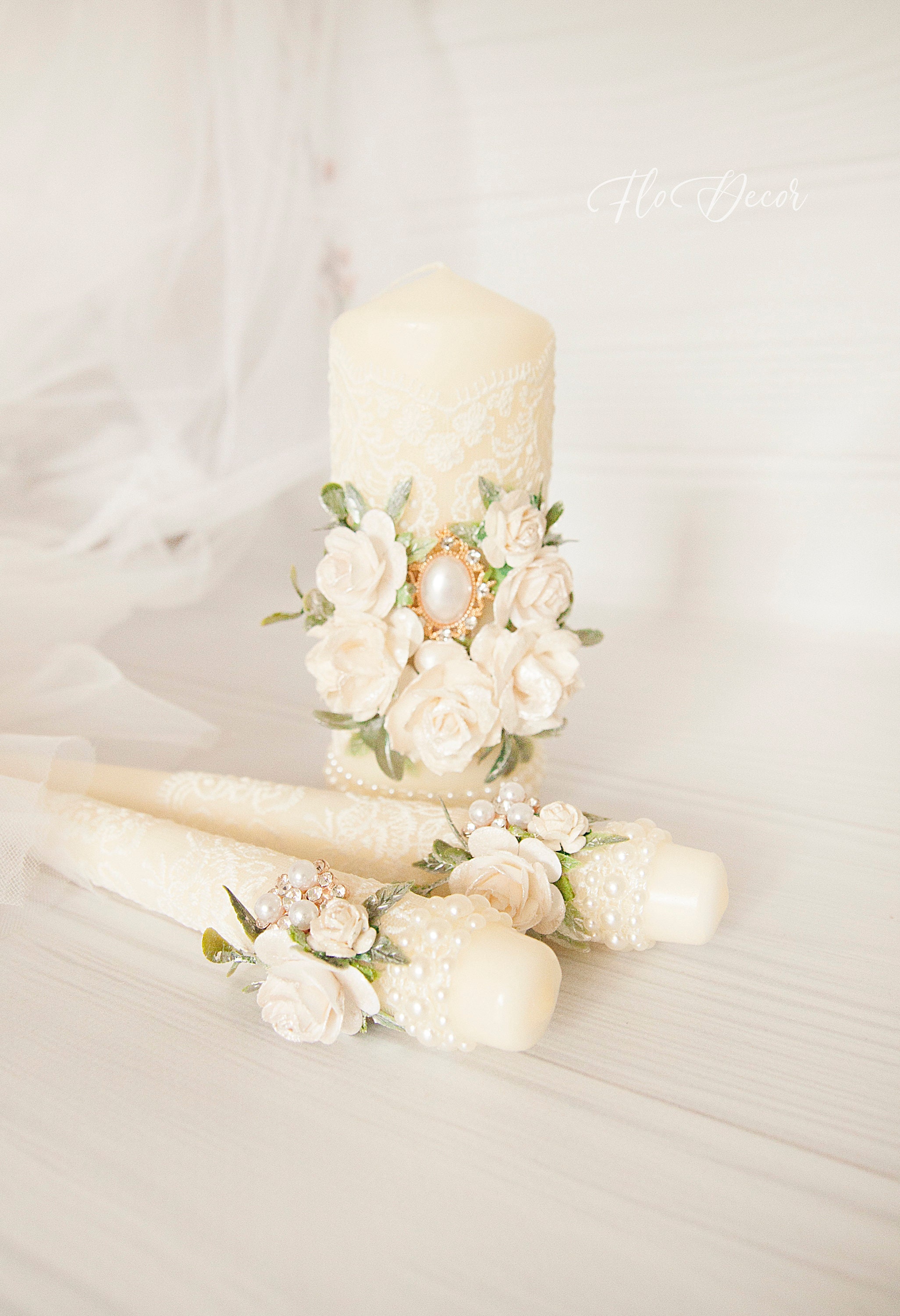 Wedding Ivory Unity Candles Set and Holders Lace Wedding Candles ...