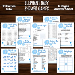 Blue Elephant Baby Shower Games Package Set, Elephant Themed Baby ...