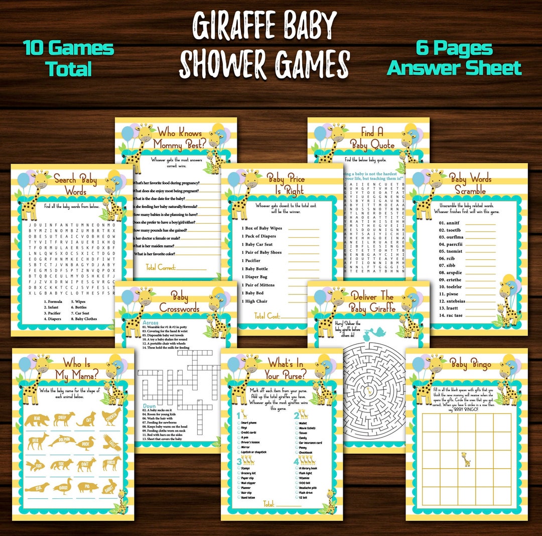 Giraffe Baby Shower Games Package, Unisex Giraffe Baby Shower Theme, 10 ...