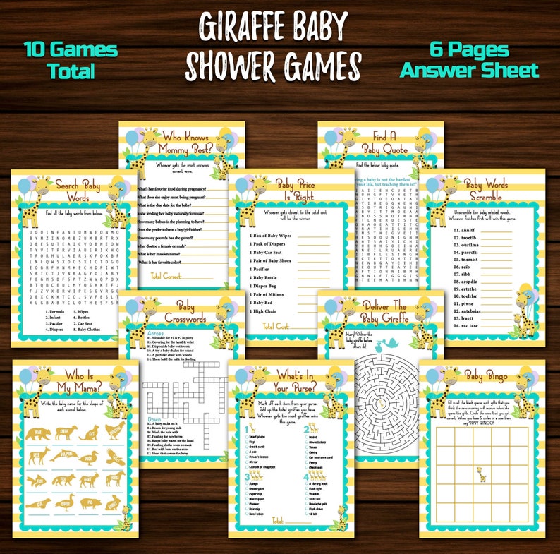 Giraffe Baby Shower Games Package, Unisex Giraffe Baby Shower Theme, 10 ...