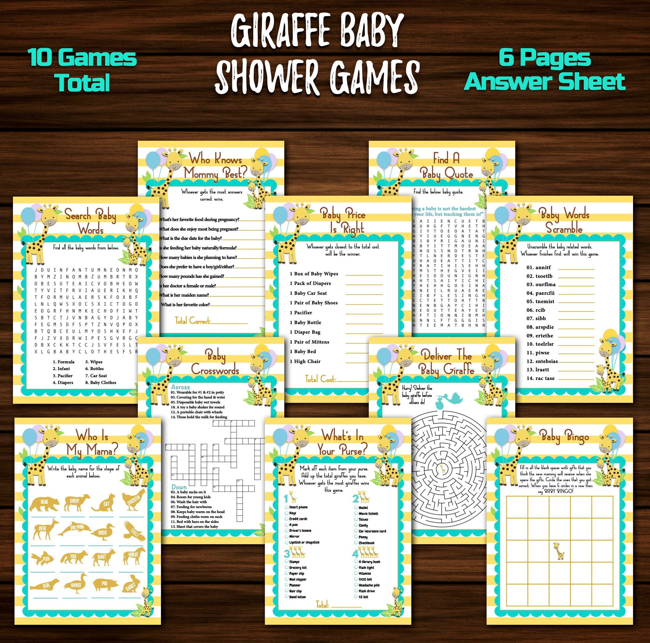 Giraffe Baby Shower Games Package, Unisex Giraffe Baby Shower Theme, 10 ...