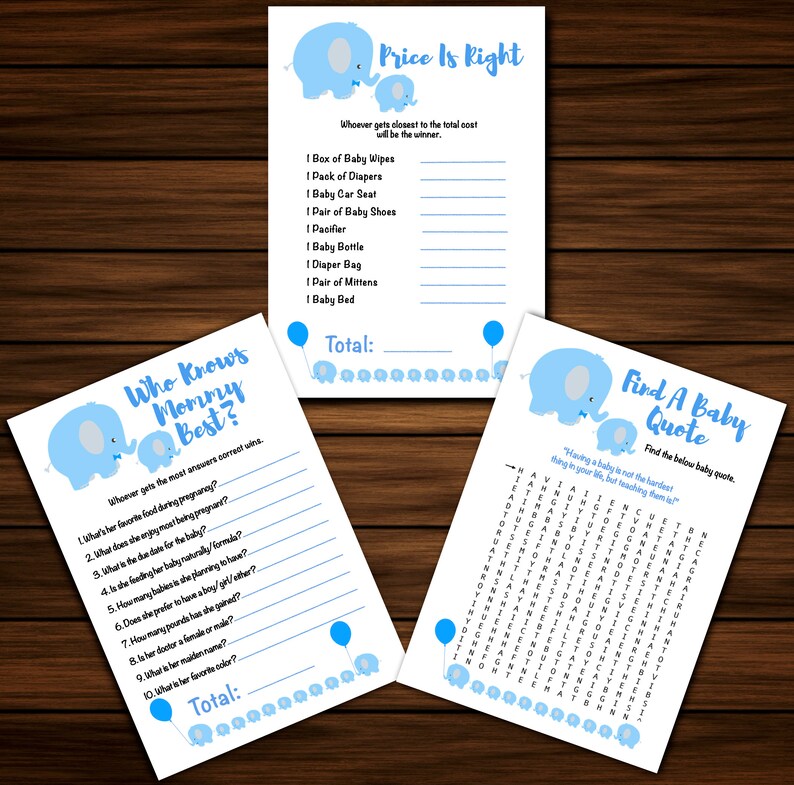 Blue Elephant Baby Shower Games Package Set, Elephant Themed Baby ...