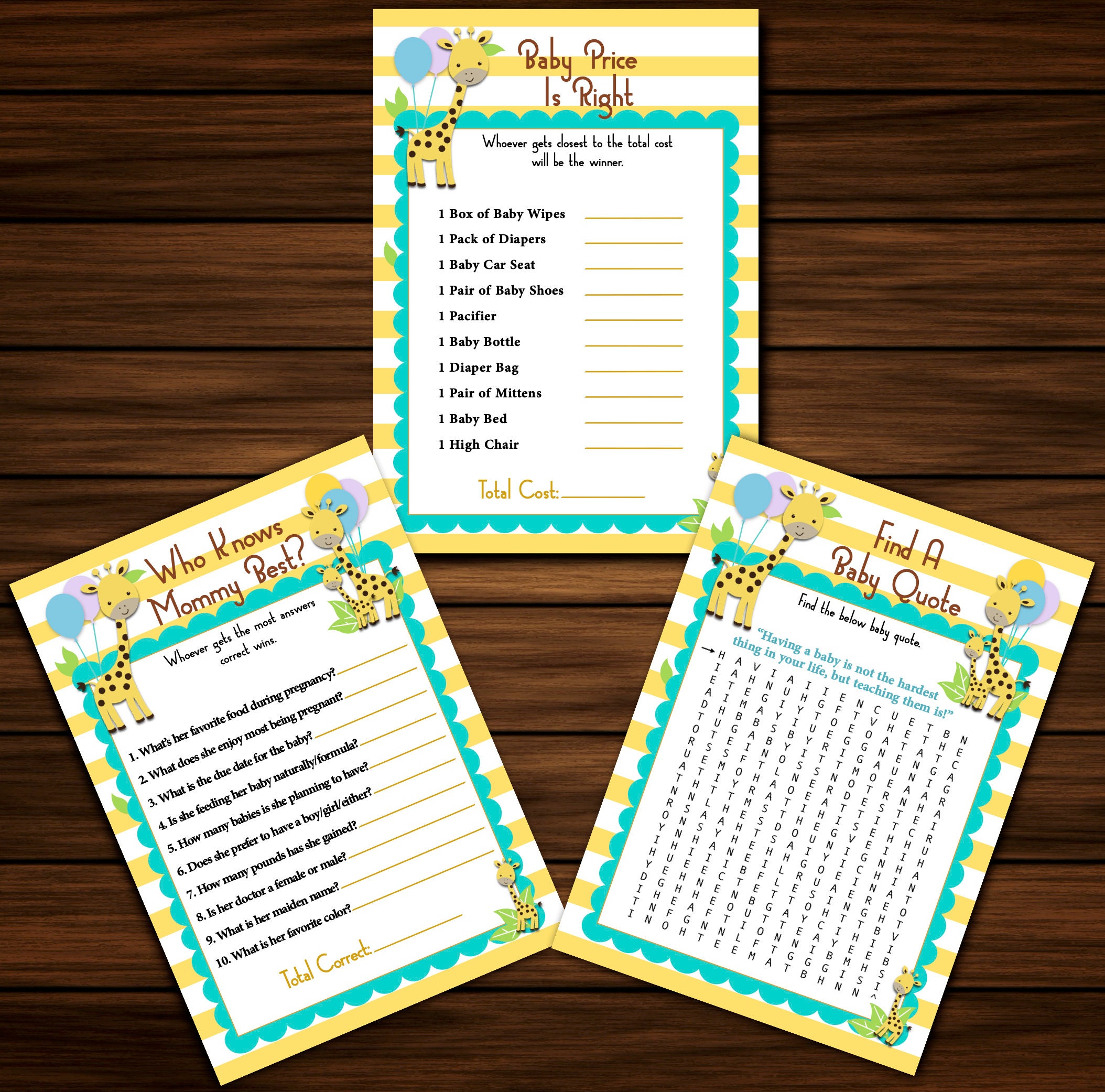 Giraffe Baby Shower Games Package, Unisex Giraffe Baby Shower Theme, 10 ...