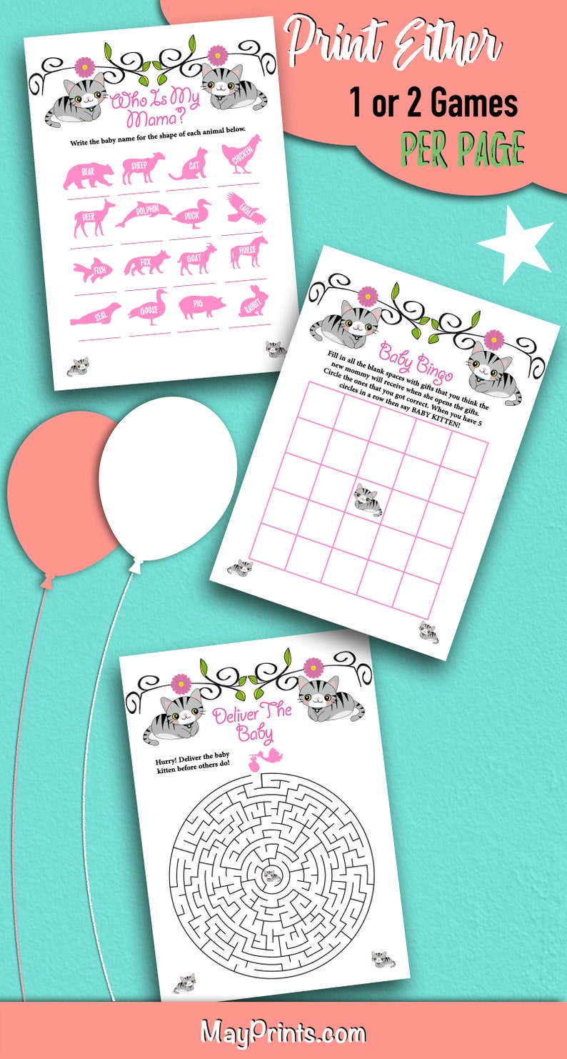 Cat or Kitten Baby Shower Games Package Set, Baby Shower Game Bundle ...