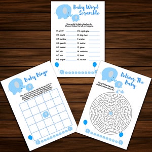 Blue Elephant Baby Shower Games Package Set, Elephant Themed Baby ...