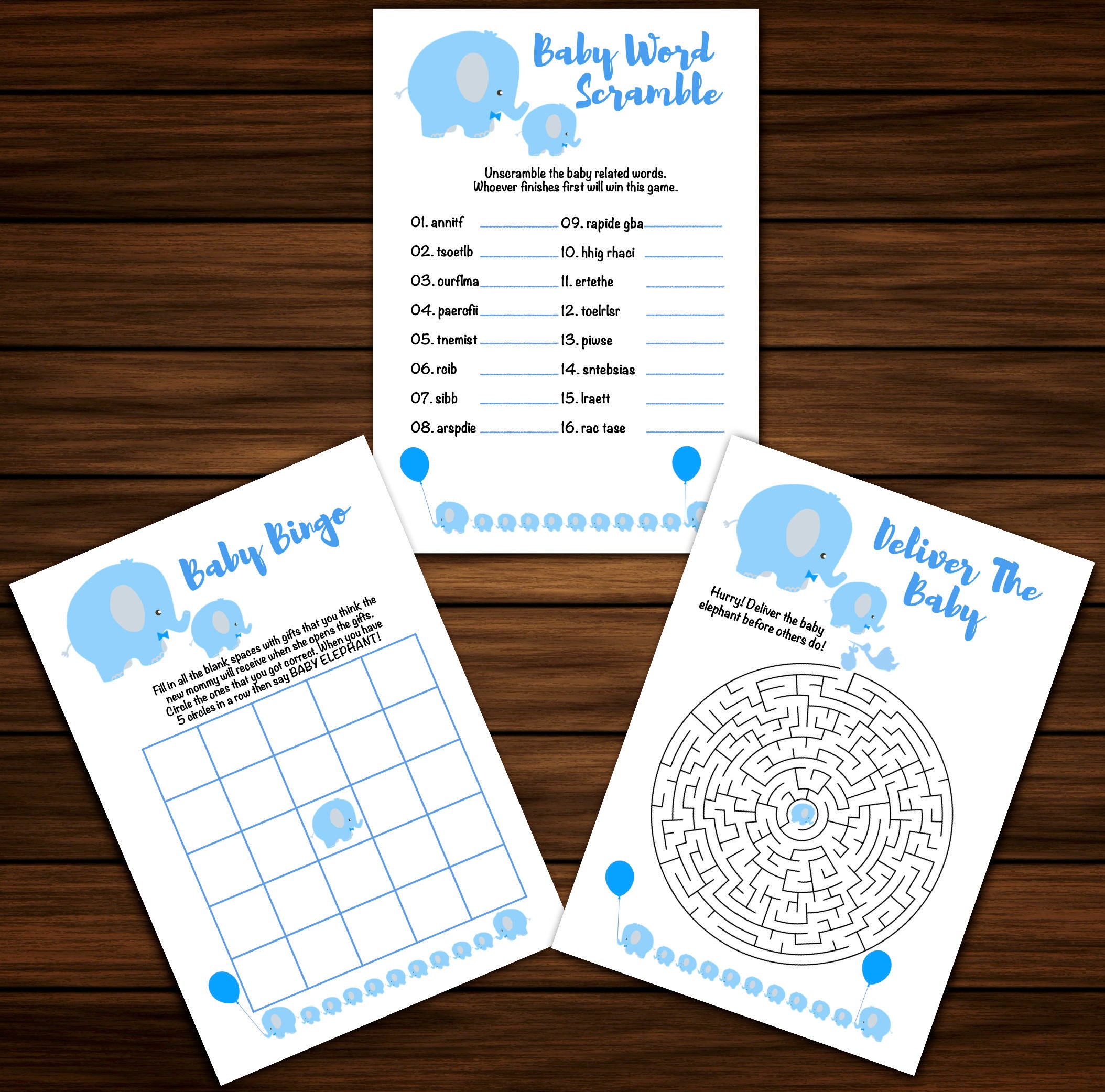 Blue Elephant Baby Shower Games Package Set, Elephant Themed Baby ...