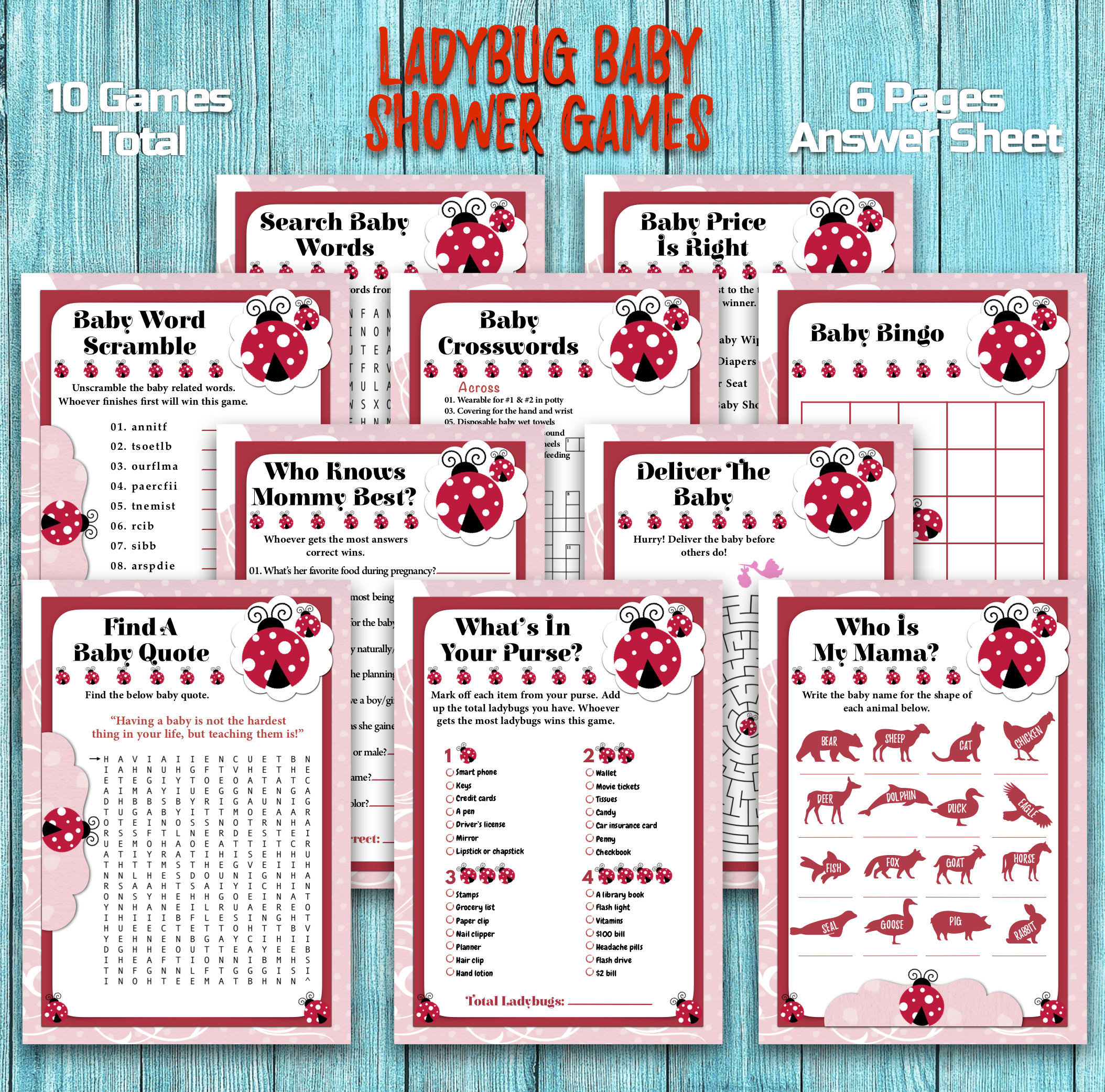 Ladybug Baby Shower Games Package, Printable Baby Shower Games, Ladybug ...