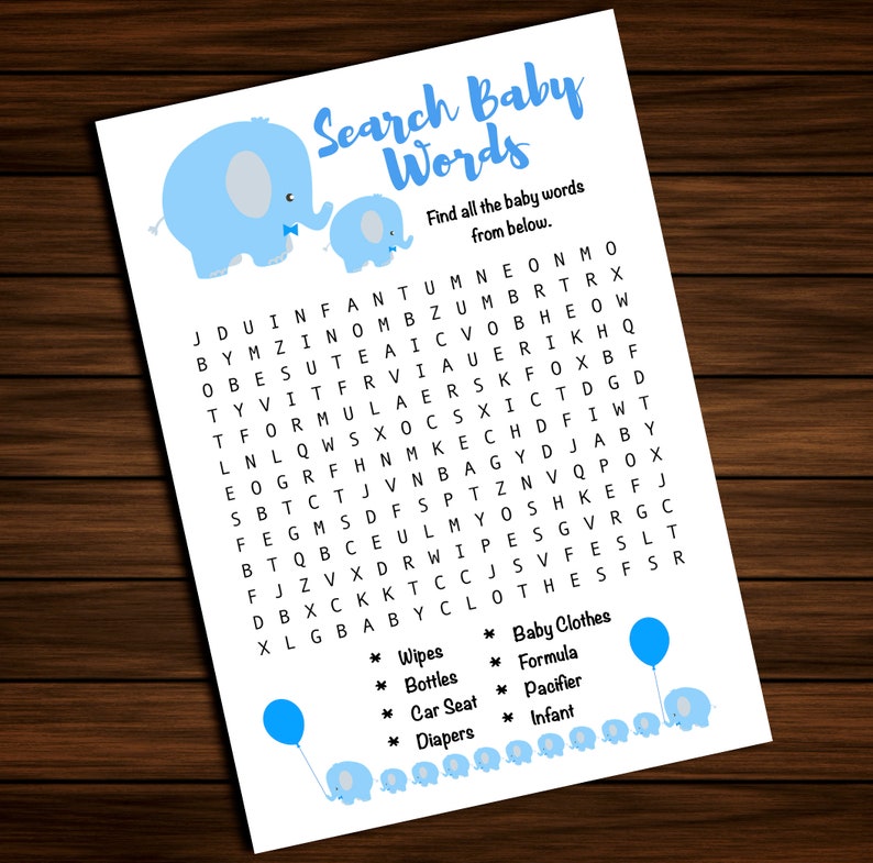Blue Elephant Baby Shower Games Package Set, Elephant Themed Baby ...