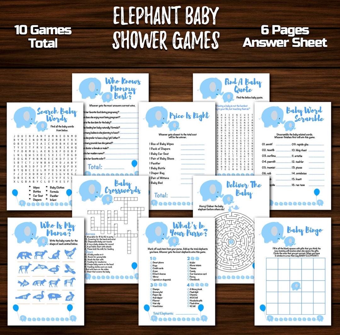 Blue Elephant Baby Shower Games Package Set, Elephant Themed Baby ...
