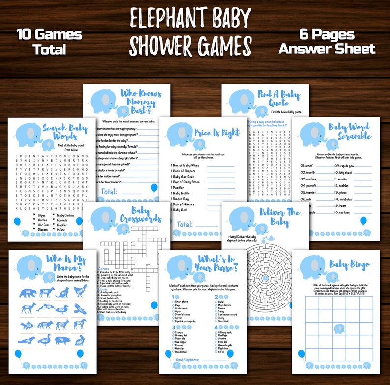 Blue Elephant Baby Shower Games Package Set, Elephant Themed Baby ...