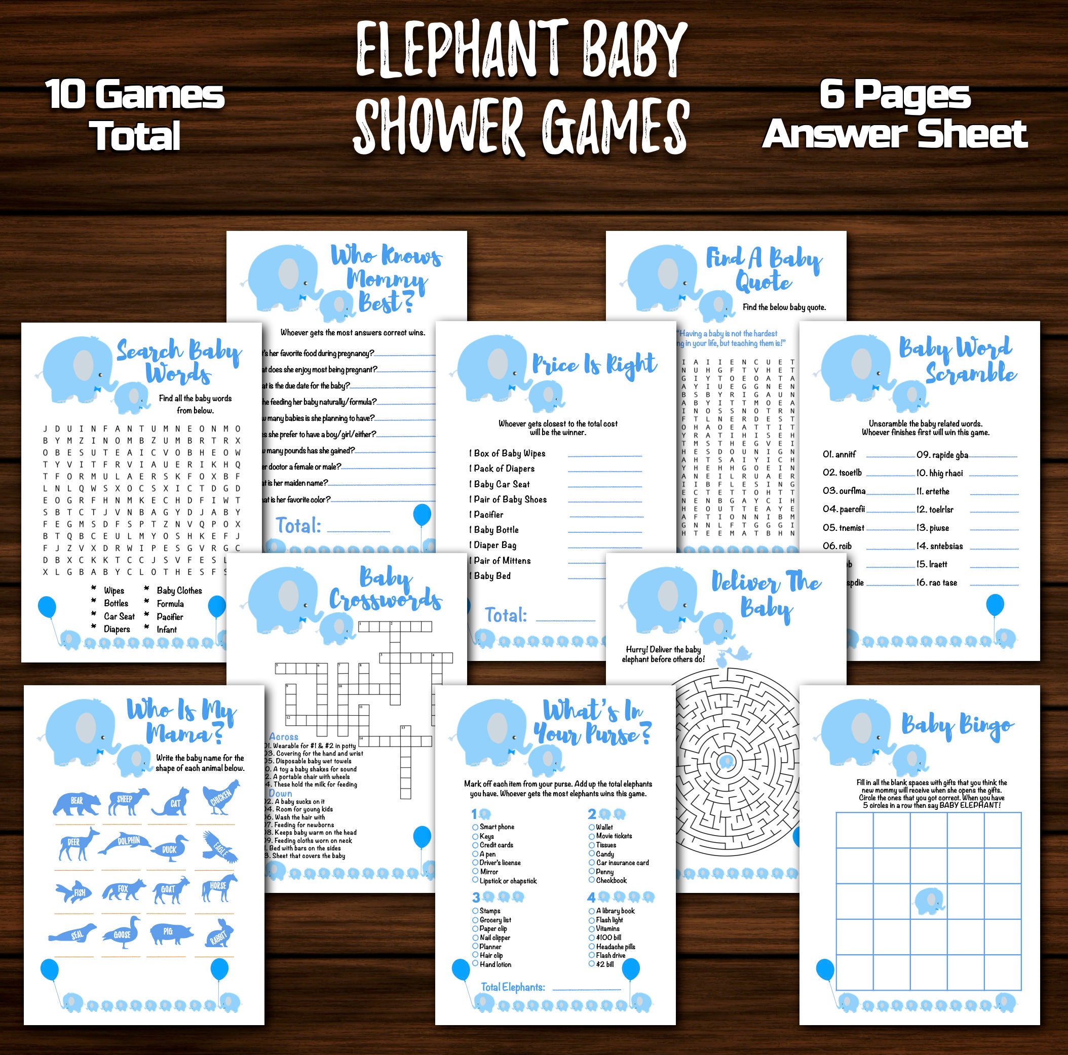 Blue Elephant Baby Shower Games Package Set, Elephant Themed Baby ...