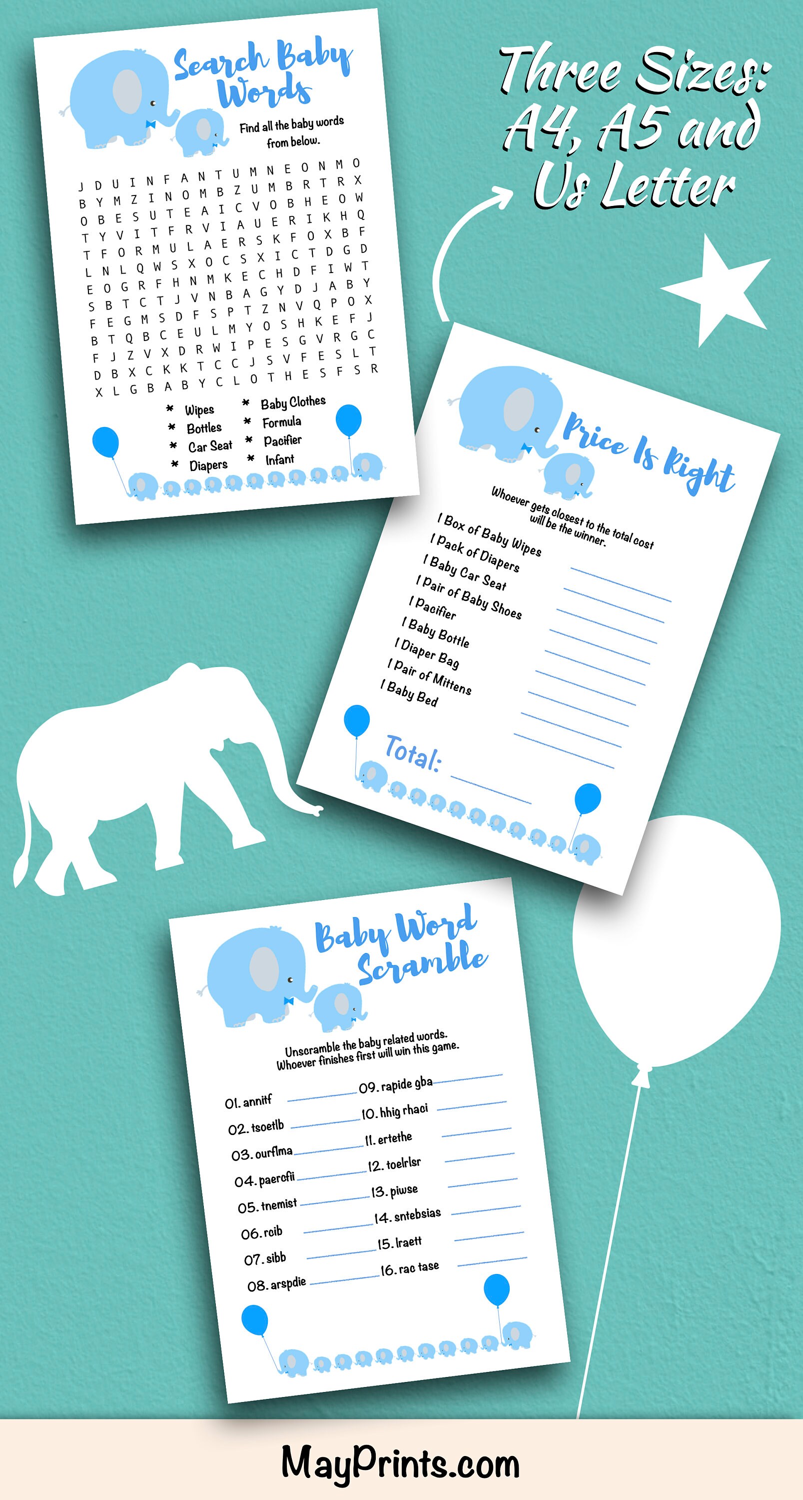 Blue Elephant Baby Shower Games Package Set, Elephant Themed Baby ...
