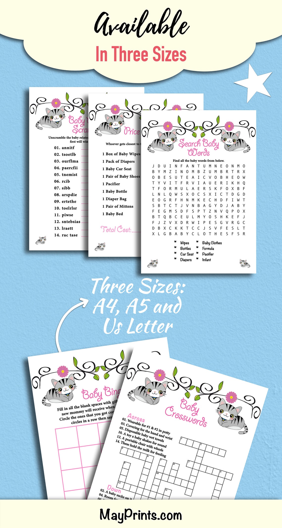 Cat or Kitten Baby Shower Games Package Set, Baby Shower Game Bundle ...