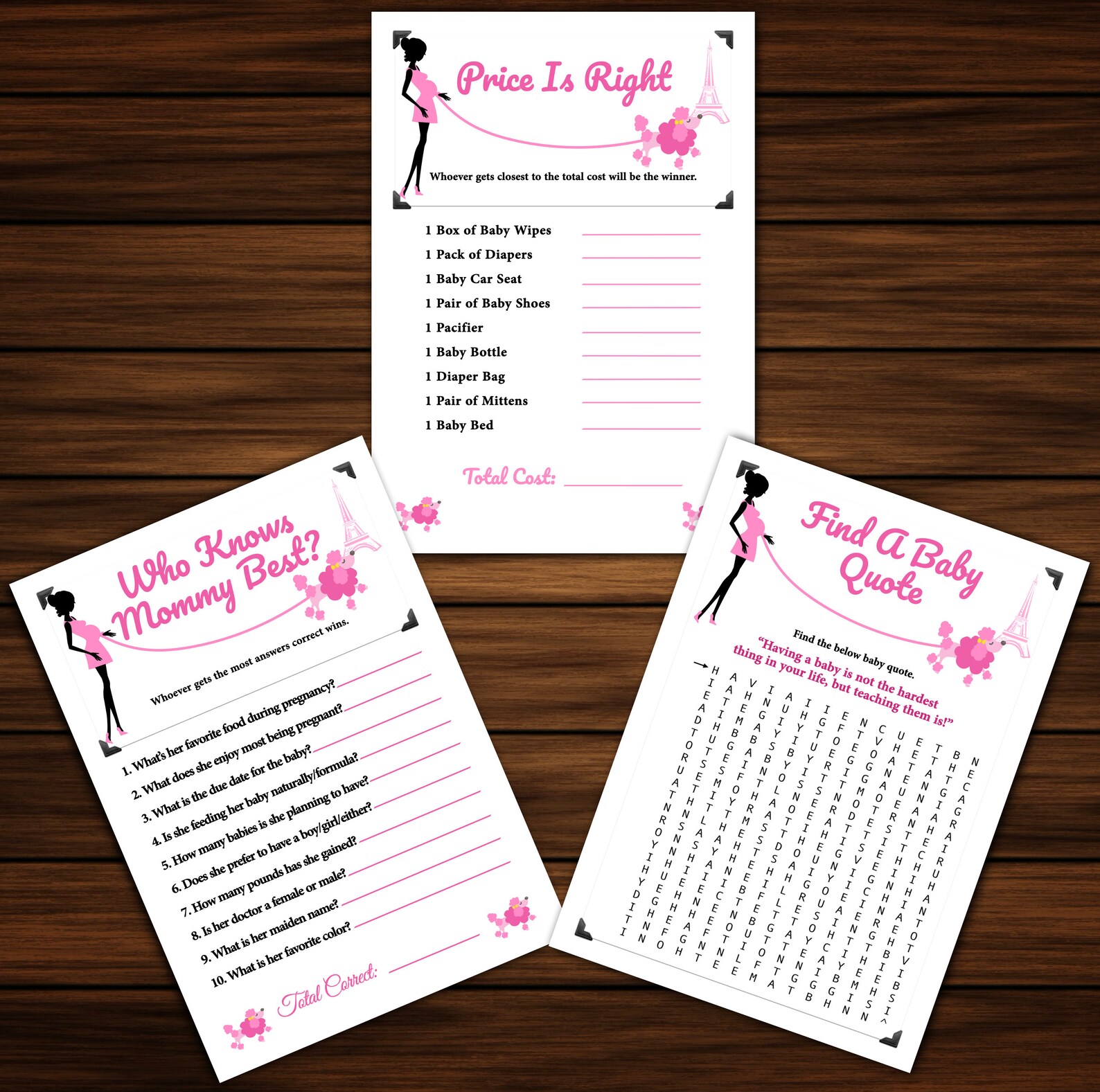 Paris Baby Shower Games Package, Poodle Baby Shower Game, Paris Theme ...