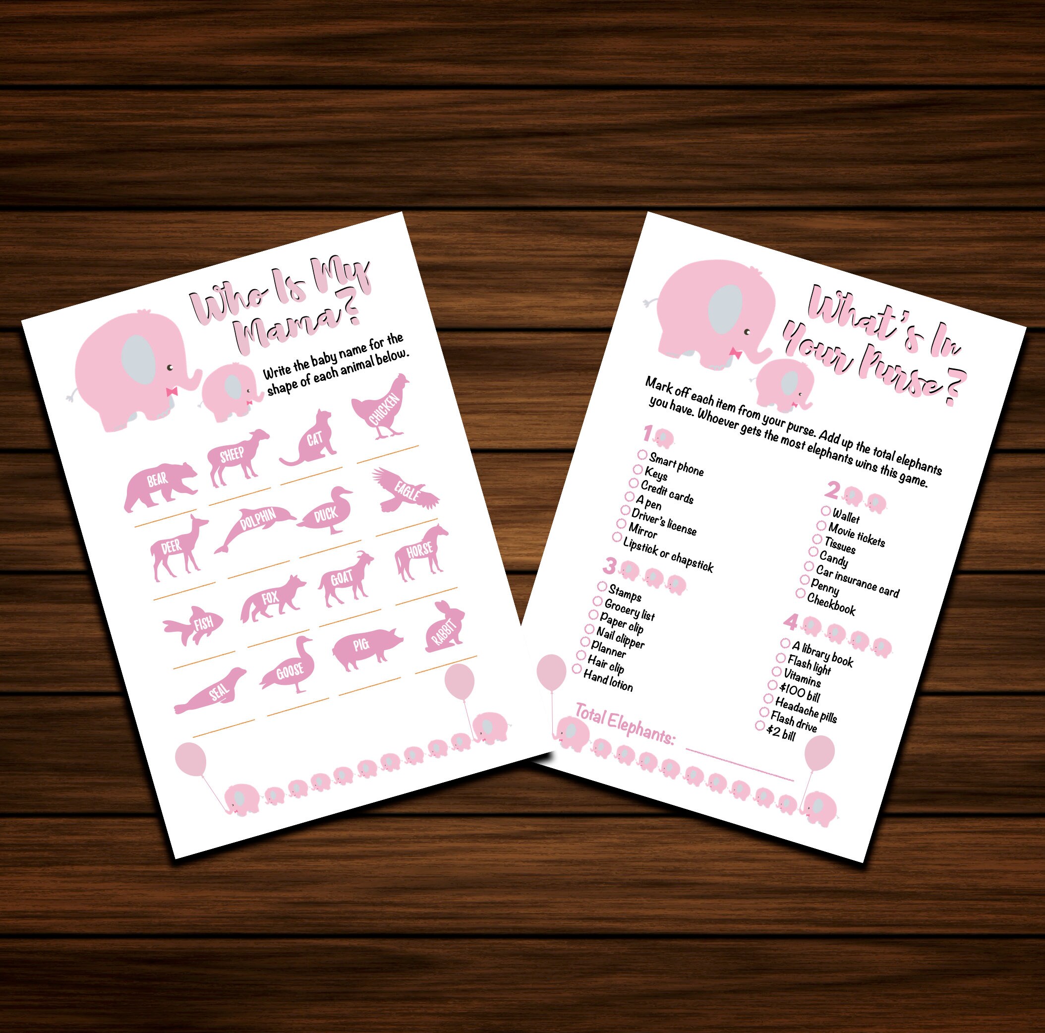 Pink Elephant Baby Shower Games, Pink and Grey Elephant Game Package ...