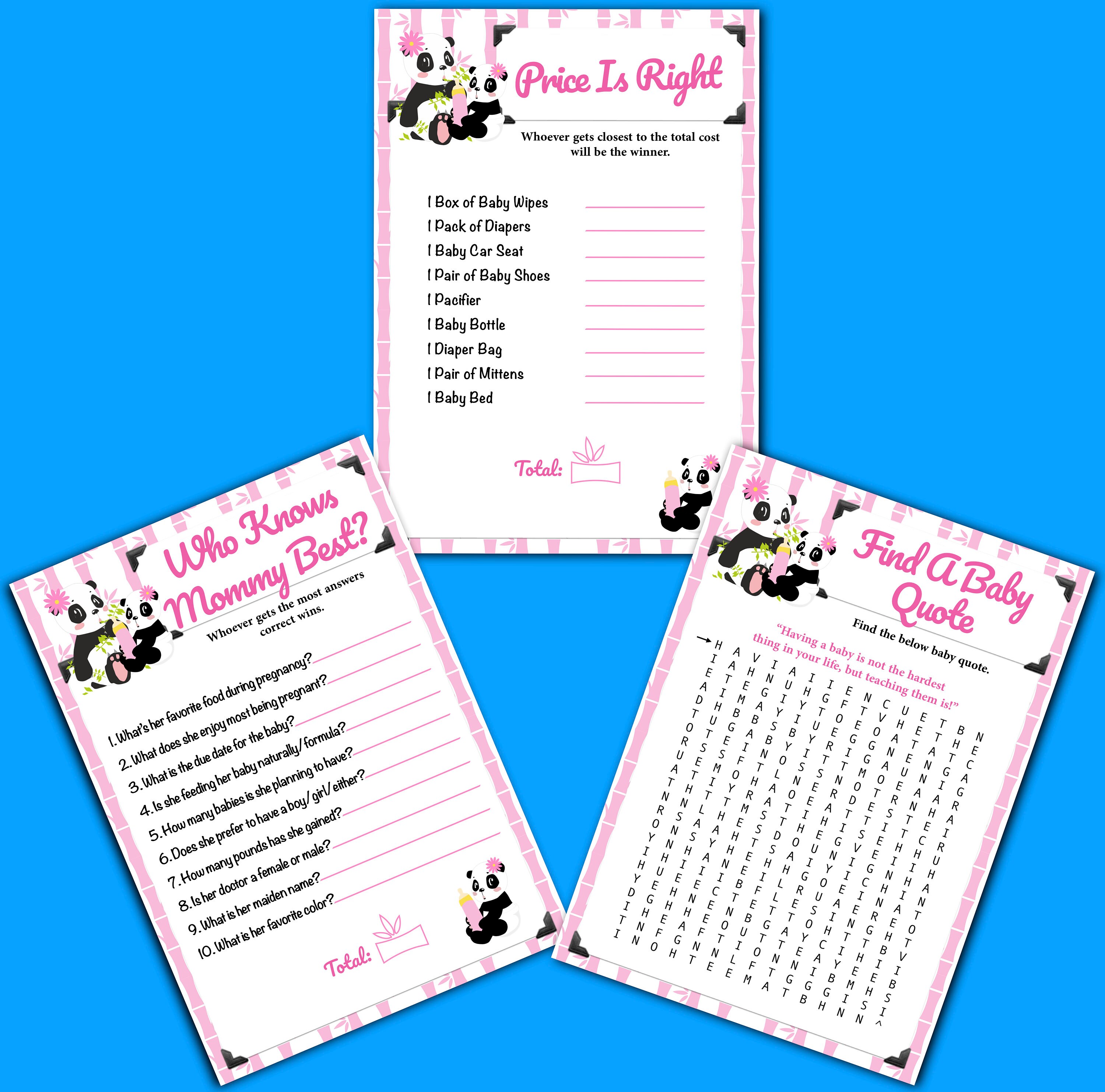 Panda Baby Shower Games for Girls Package, Panda Bear Baby Shower Games ...