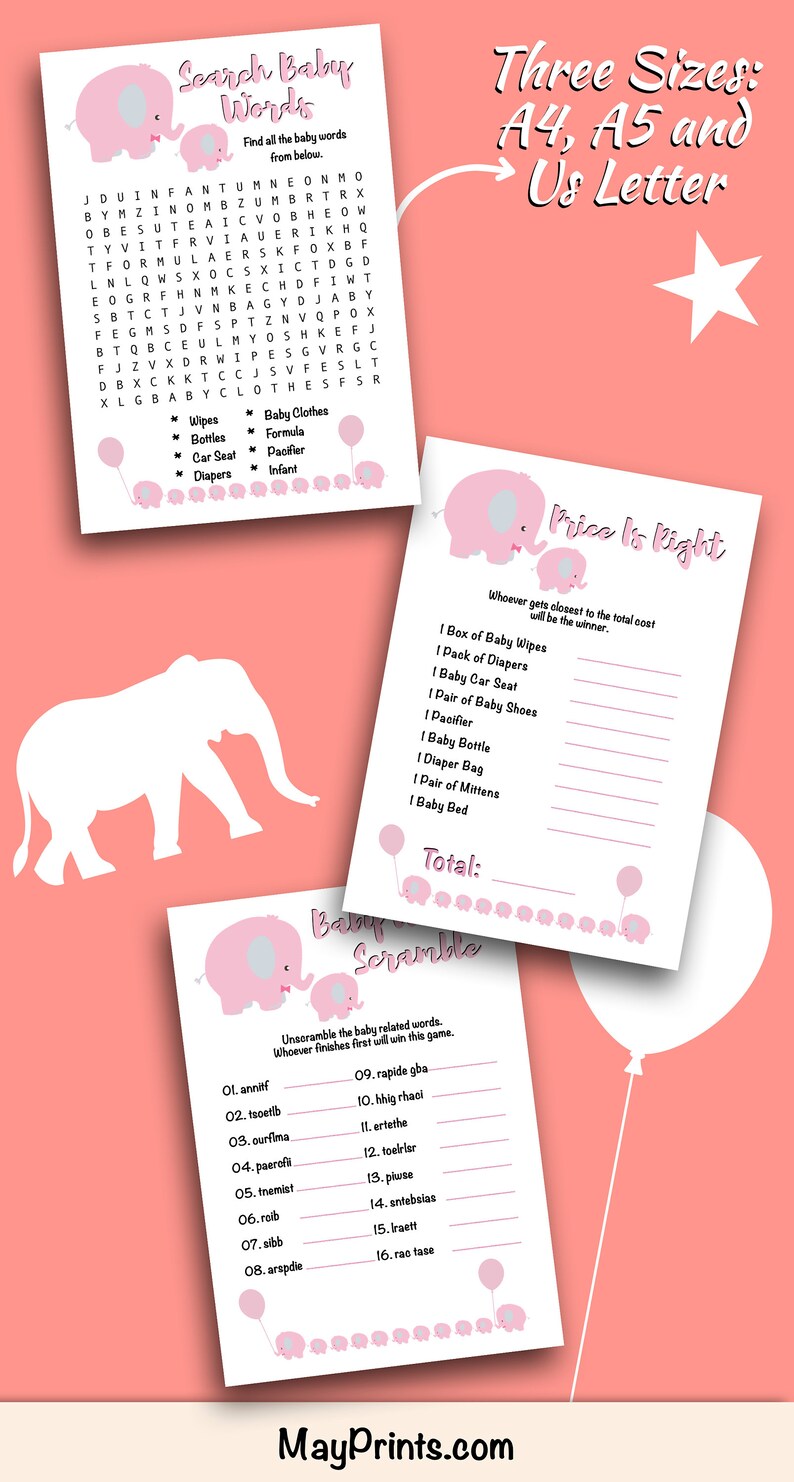 Pink Elephant Baby Shower Games, Pink and Grey Elephant Game Package ...