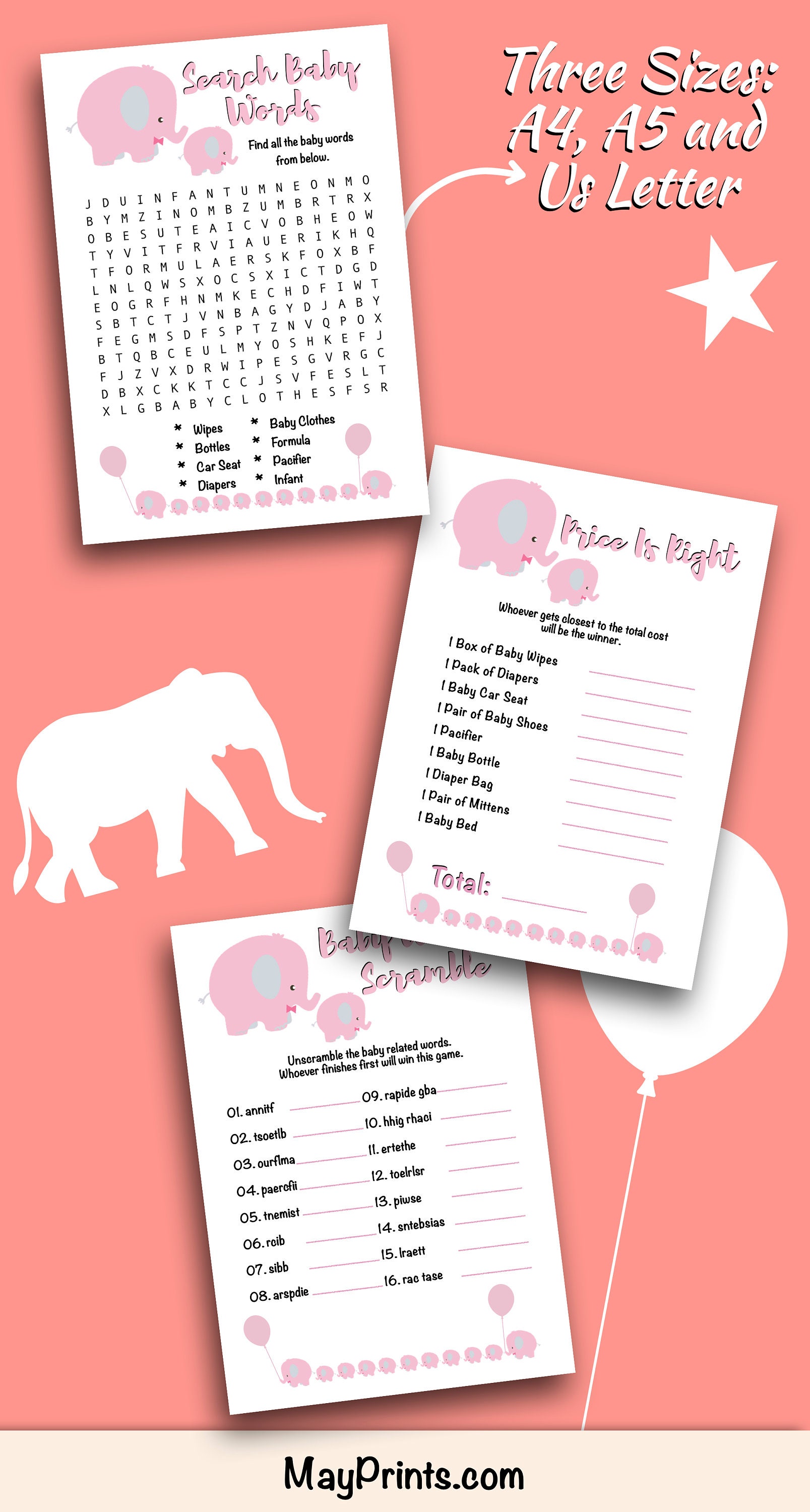 Pink Elephant Baby Shower Games, Pink and Grey Elephant Game Package ...