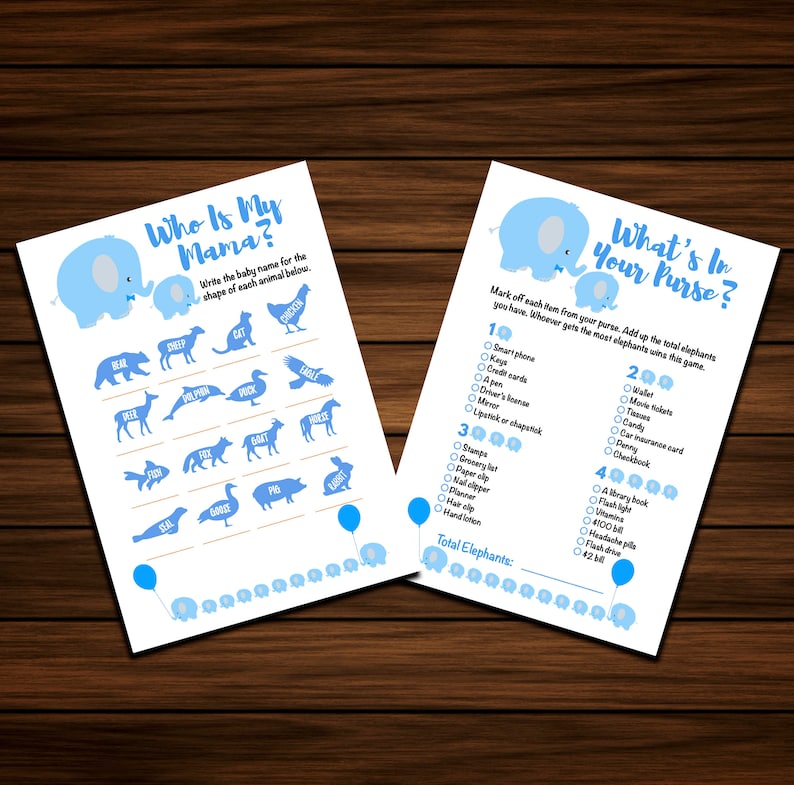 Blue Elephant Baby Shower Games Package Set, Elephant Themed Baby ...