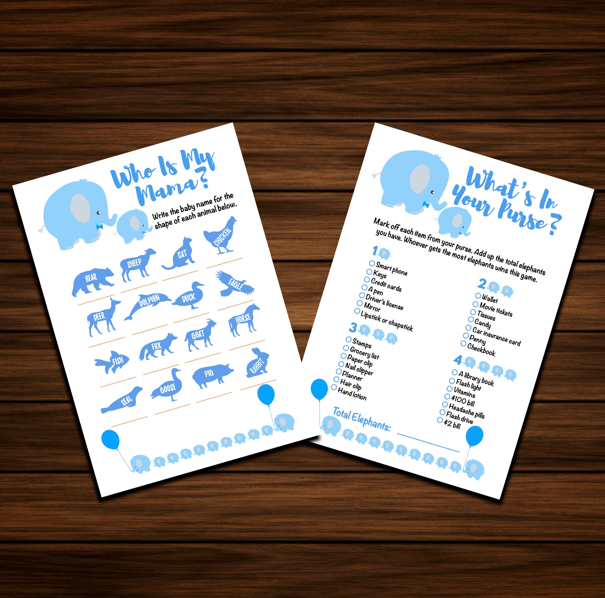Blue Elephant Baby Shower Games Package Set, Elephant Themed Baby ...