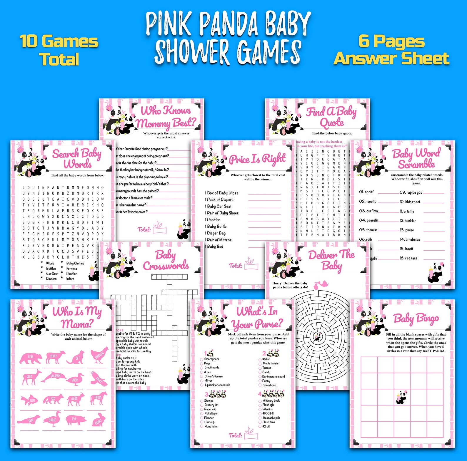 Panda Baby Shower Games for Girls Package, Panda Bear Baby Shower Games ...