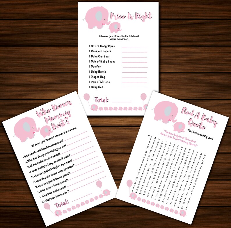 Pink Elephant Baby Shower Games, Pink and Grey Elephant Game Package ...