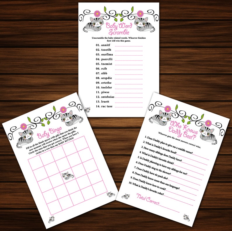 Cat or Kitten Baby Shower Games Package Set, Baby Shower Game Bundle ...
