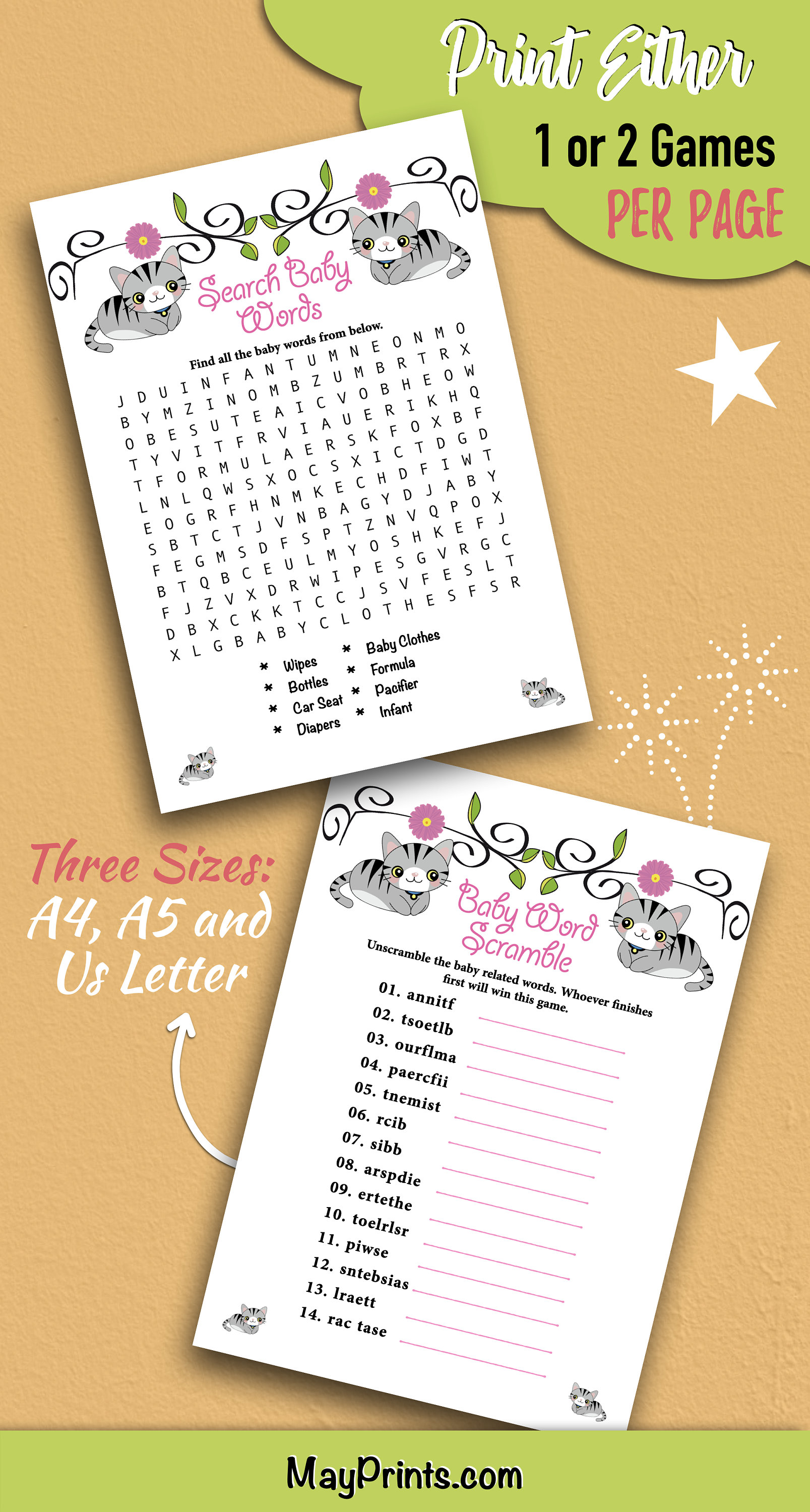 Cat or Kitten Baby Shower Games Package Set, Baby Shower Game Bundle ...