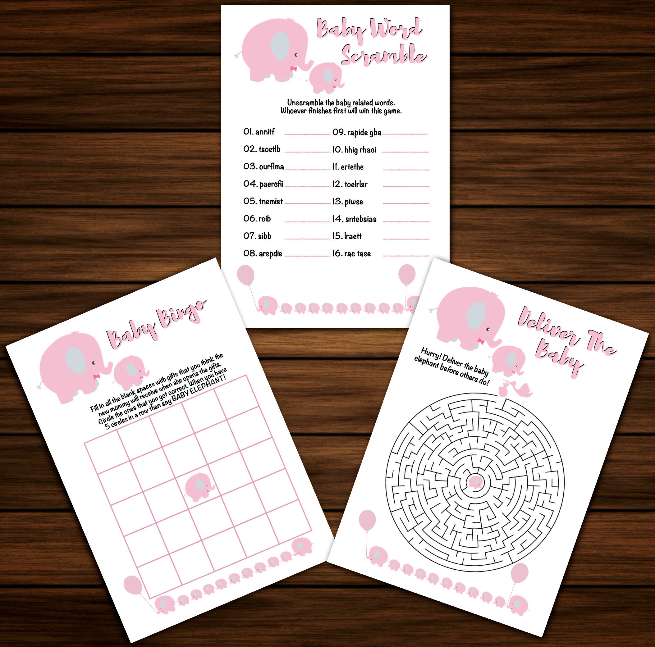 Pink Elephant Baby Shower Games, Pink and Grey Elephant Game Package ...