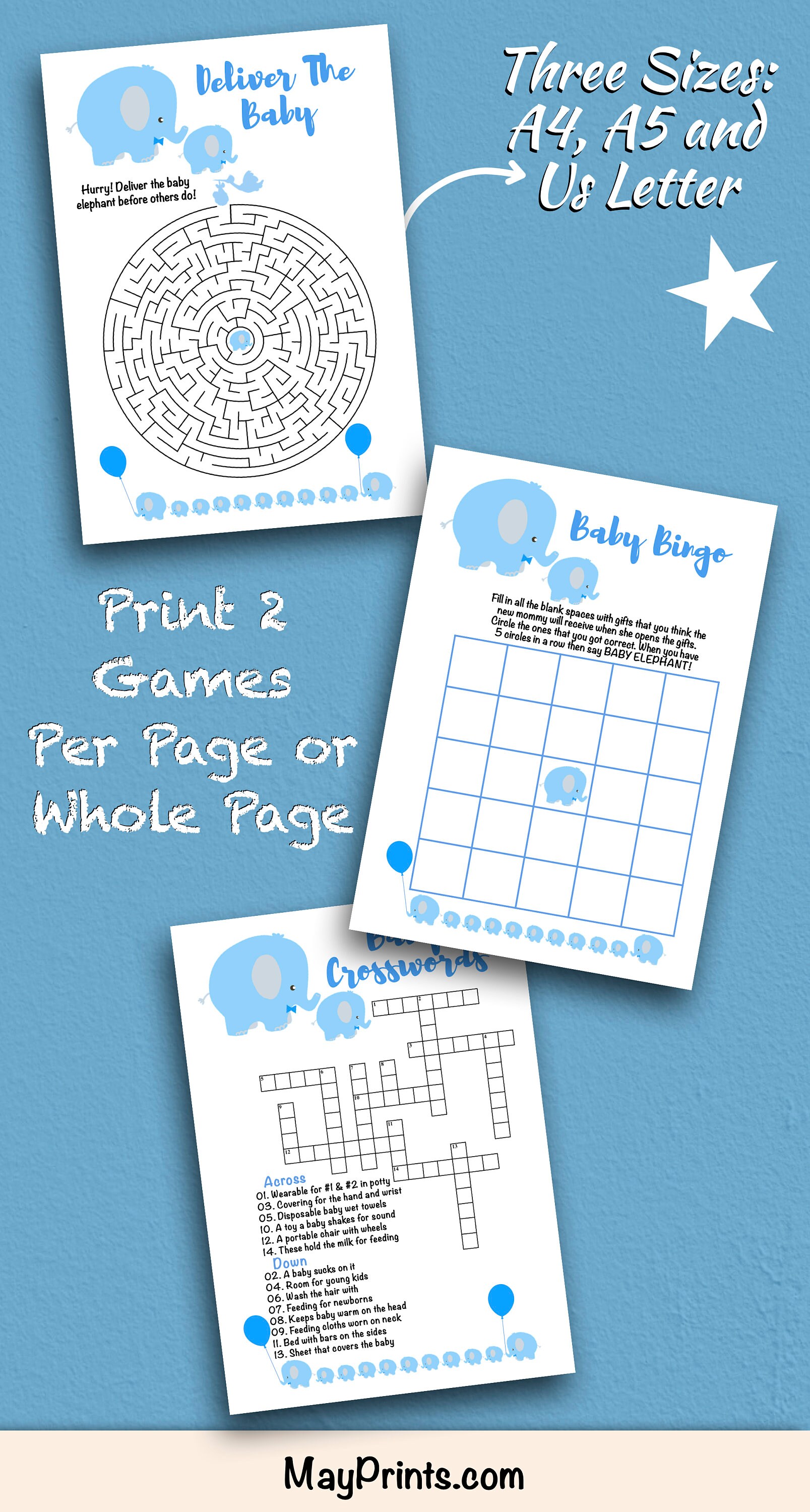 Blue Elephant Baby Shower Games Package Set, Elephant Themed Baby ...